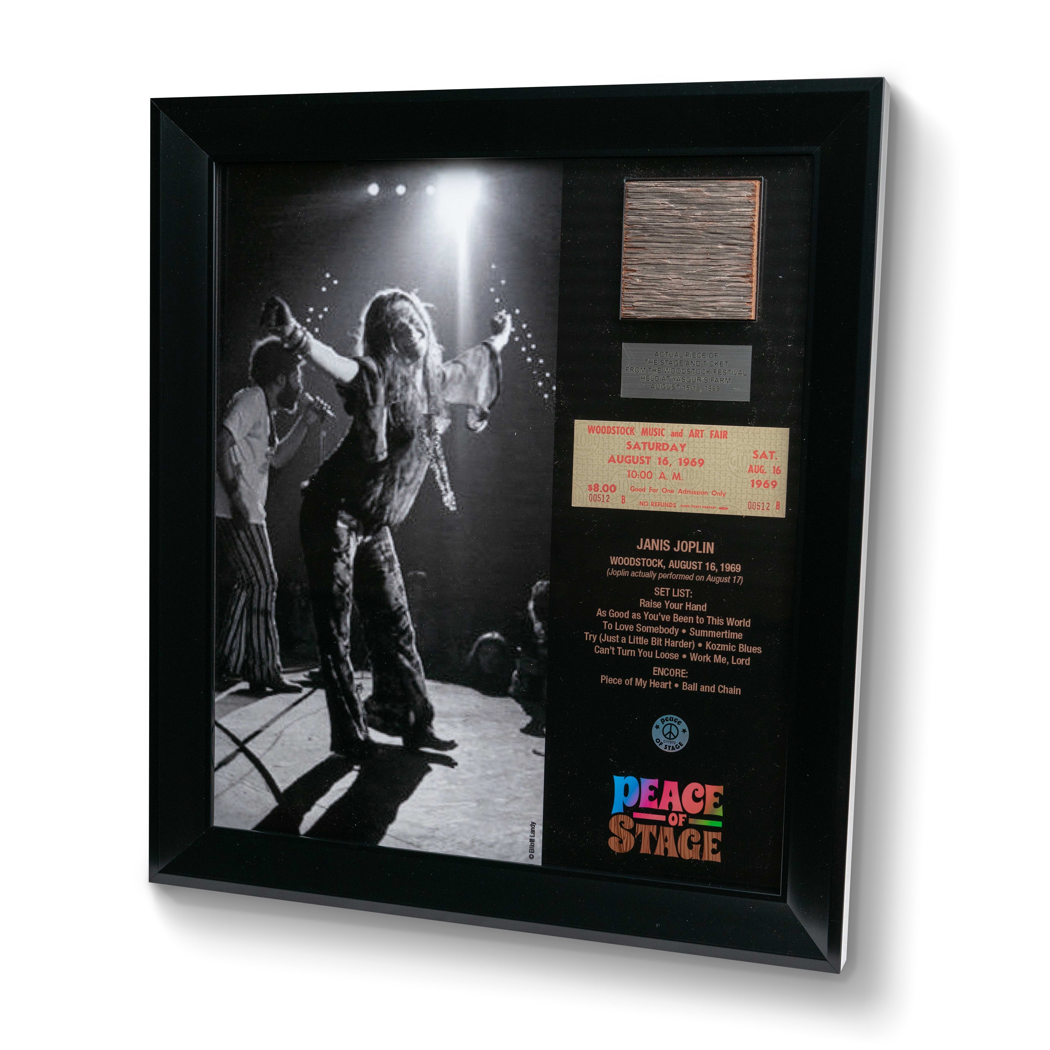 Janis Joplin Frame with Piece of 1969 Woodstock Stage and Original Tic ...